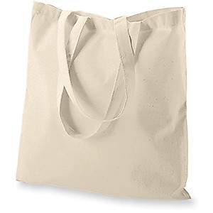 ATMOS GREEN 12 Pack 15x16 inch with 27" long handle 5 Oz NATURAL color Recycled Cotton Tote Bags Sustainable Eco Friendly reusable grocery super strong great for promotion branding gift MADE in INDIA