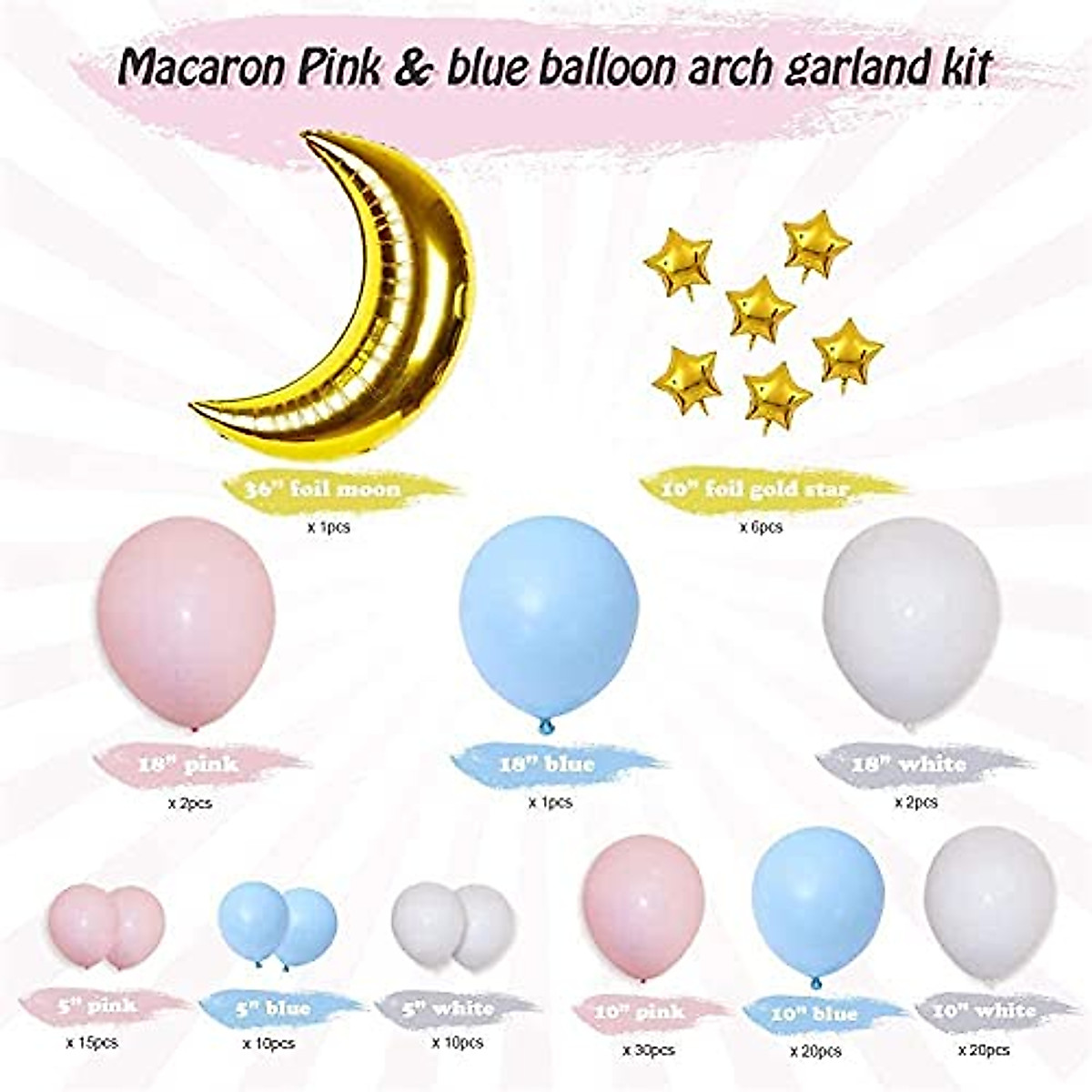 Gender Reveal Decorations Pastel Balloon Garland Arch Kits, 117PCS Blue And Pink White Gold Foil moon with twinkle twinkle little Star Gender Reveal Diy Baby Shower Balloons Party Supplies