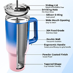 GUDEMAO 40 oz Tumbler with Handle, Insulated Tumbler with Lid and Straw, Reusable Stainless Steel Vacuum Insulated Cup, 100% Leak Proof Thermal Travel Coffee Mug Cup for Cold and Hot (Blue Pink)