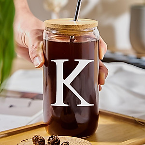 Elysine Initial Glass Cup 16oz, Monogrammed Gifts for Women, Glass Can Cup w/Bamboo Lid Straw,Personalized Valentines Mother Day Birthday Gifts for Women, Mom, Wife, Girlfriend, Sister, Friends (K)