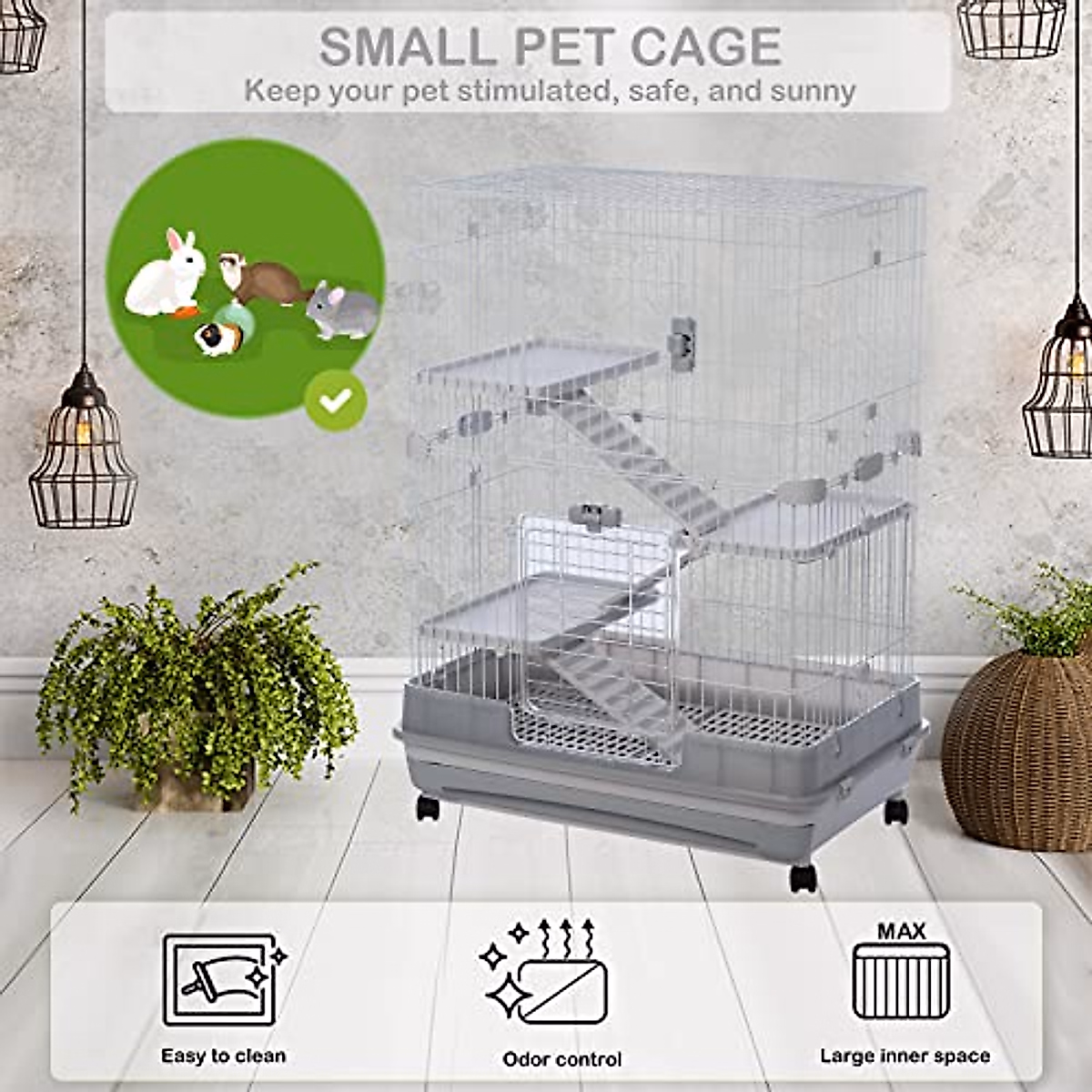 Gecheer 4-Tier 32" Small Animal Metal Cage Height Adjustable with Lockable Casters Grilles Pull-Out Tray for Rabbit Chinchilla Ferret Bunny Guinea Pig Squirrel Hedgehog Grey