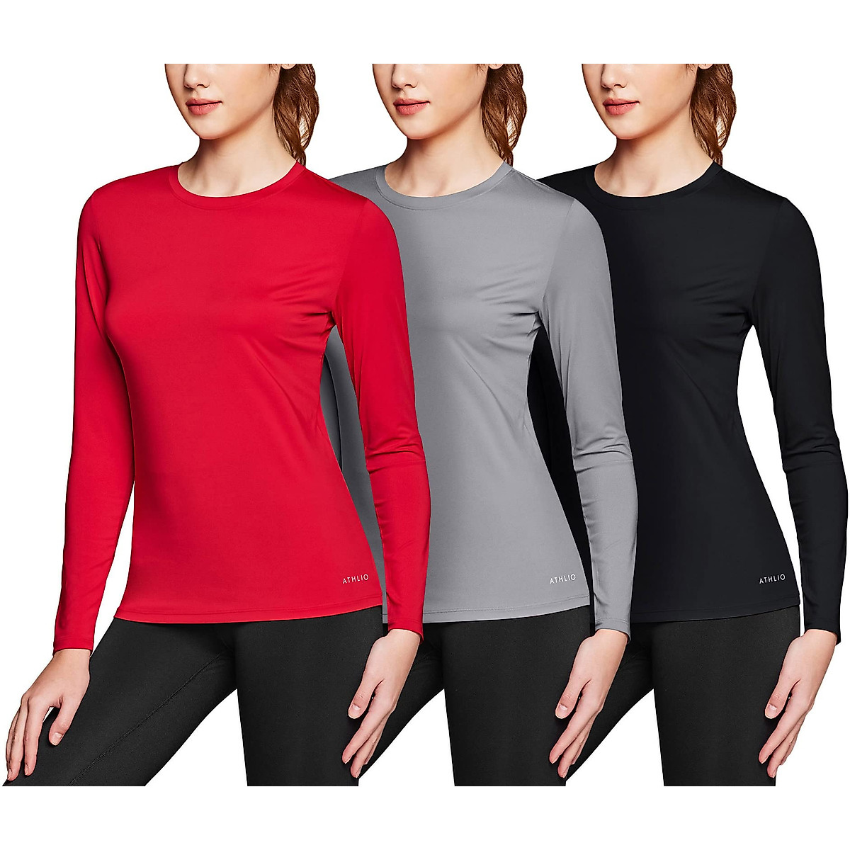 ATHLIO Women's UPF 50+ Long Sleeve Workout Shirts, UV Sun Protection Running Shirt, Dry Fit Athletic Tops, V Neck 2pack Navy/Charcoal, Large