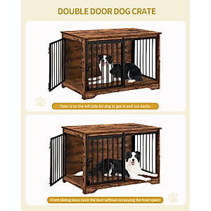 Hzuaneri Dog Crate Furniture, 39.4" Double Door Dog Crate with Barn Door, Dog Kennel Indoor, End Side Table Wooden Dog Crate for Small Medium Large Dog, Anti-Chew Anti-Escape, Rustic Brown DFC02301B