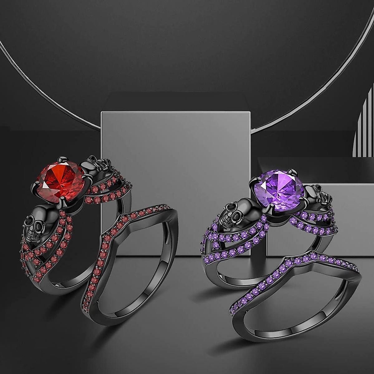 Gothic Black Skull Rings Red Purple Crystal Ring Cocktail Party Halloween Biker Rings for Women Halloween Gifts (Purple, 7)