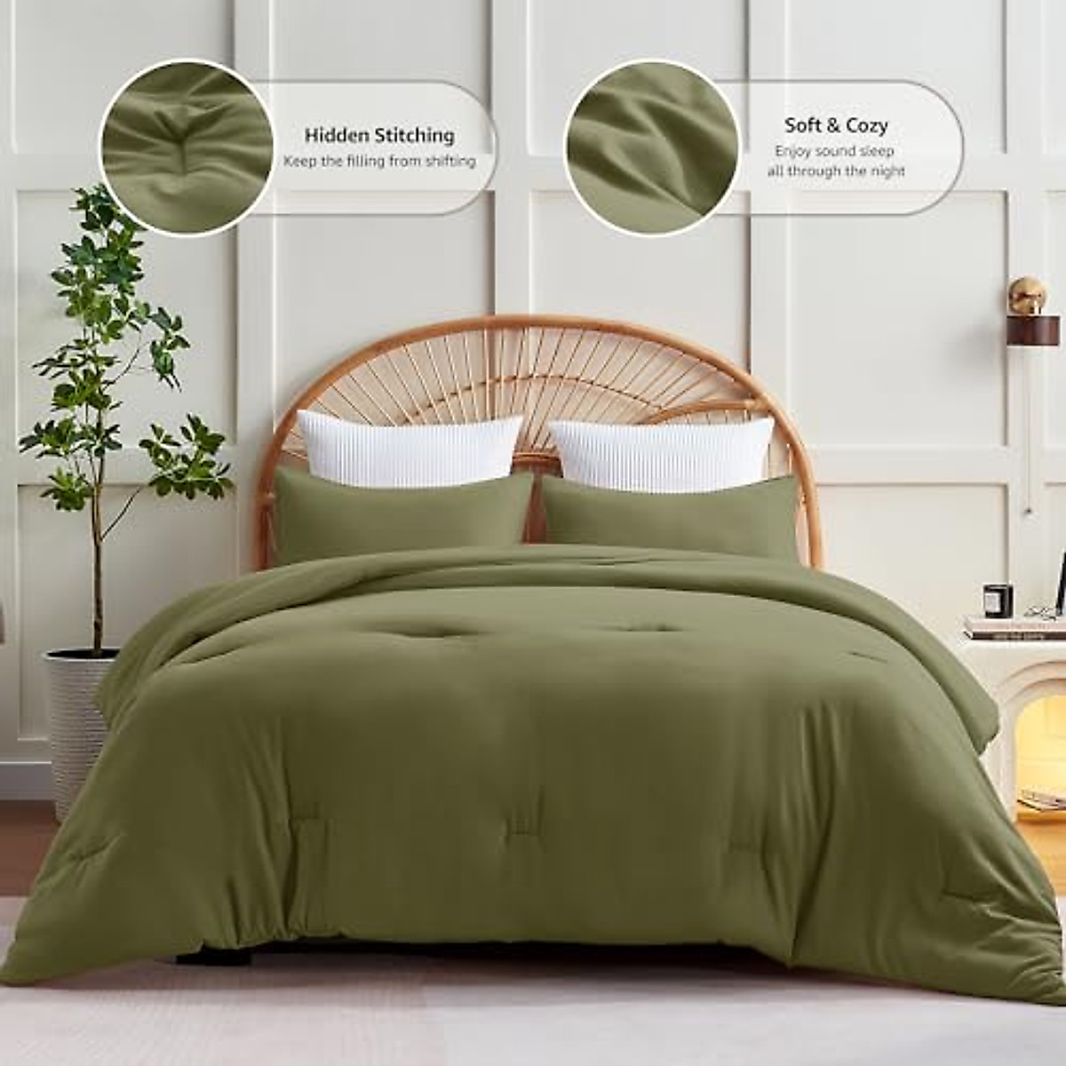 CozyLux Olive Green Comforter Set King Size, 3 Pieces Solid Breathable Quilted Style Bedding Sets, Luxury Fluffy Soft Microfiber Comforter for All Season(1 Comforter & 2 Pillowcases)