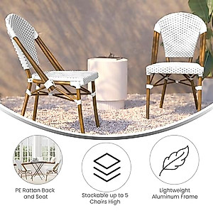 Flash Furniture Lourdes Set of 2 Indoor/Outdoor Commercial Bistro Stack Chairs - White/Gray PE Rattan Back and Seat - Natural Bamboo Print Aluminum Frame