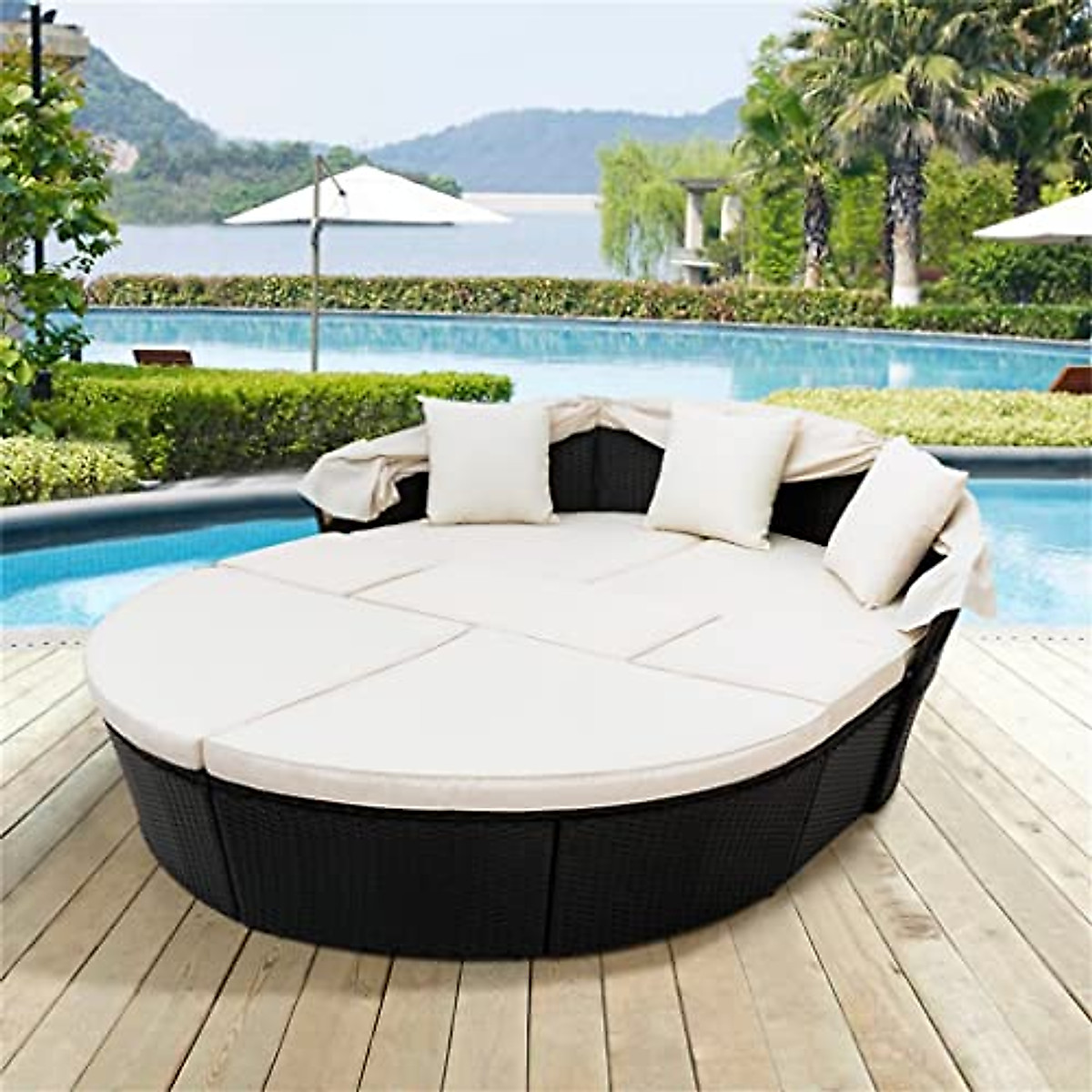 QUUL Rattan Daybed Sunbed Outdoor with Retractable Canopy Wicker Furniture, Round Outdoor Sectional Sofa Set, Black