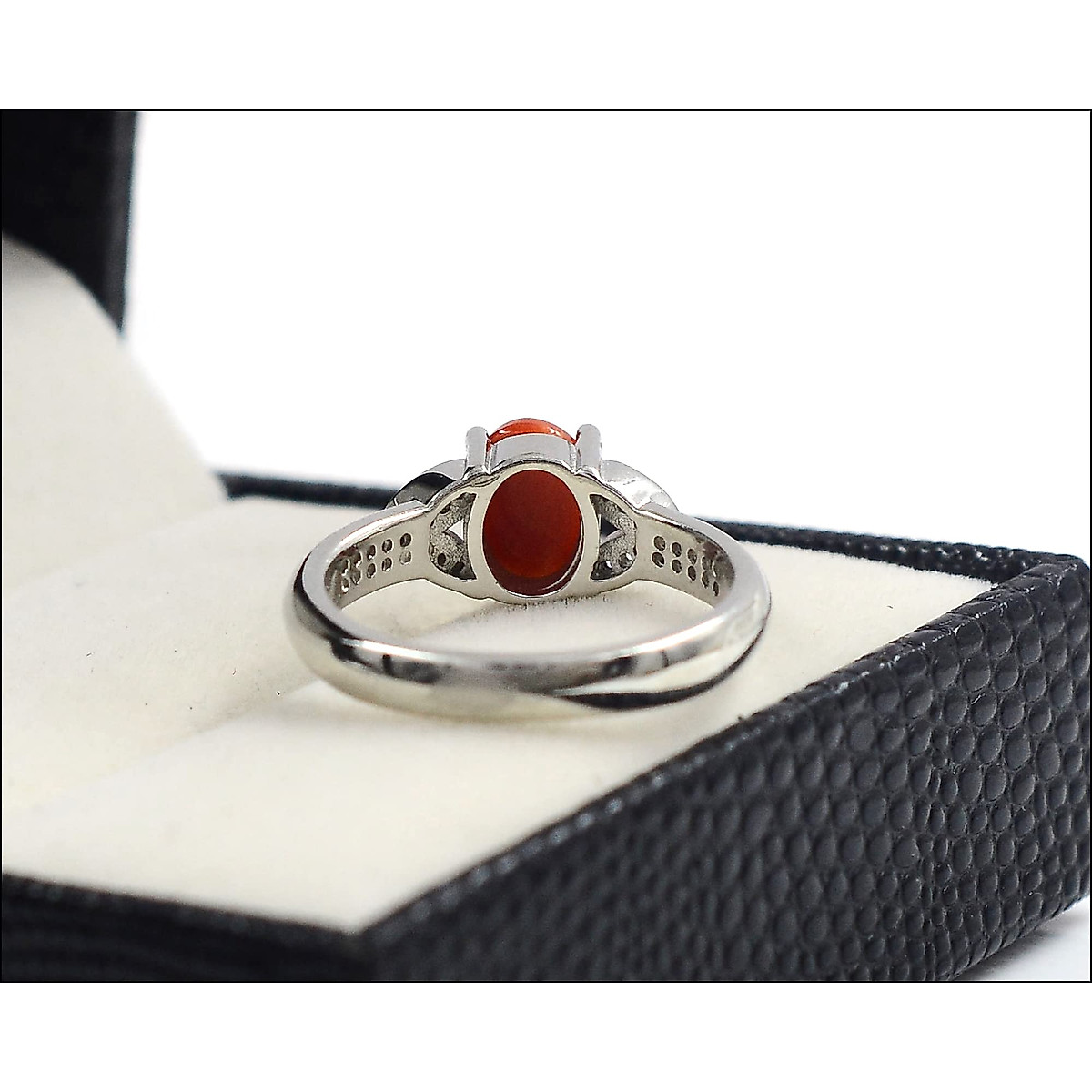 8X6 MM Oval Cut Natural Red Coral Cabochon Gemstone 925 Sterling Silver May Birthstone Solitaire Unisex Proposal Ring Birthday Gift For Wife (Yellow Gold Rhodium Plated Silver, 8)