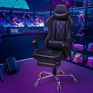 Shahoo Gaming Chair with Footrest and Massage Fuction Lumbar Support, 360°Swivel and Height Adjustable Seat with Headrest for Office or Bedroom, Study Room, Black