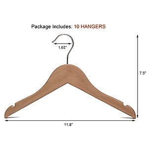Wood Dress Hangers Kids Baby Children Toddler Wooden Shirt Coat Hangers with Notches and Anti-Rust Chrome Hook Pack of 10 (Natural) HL02N