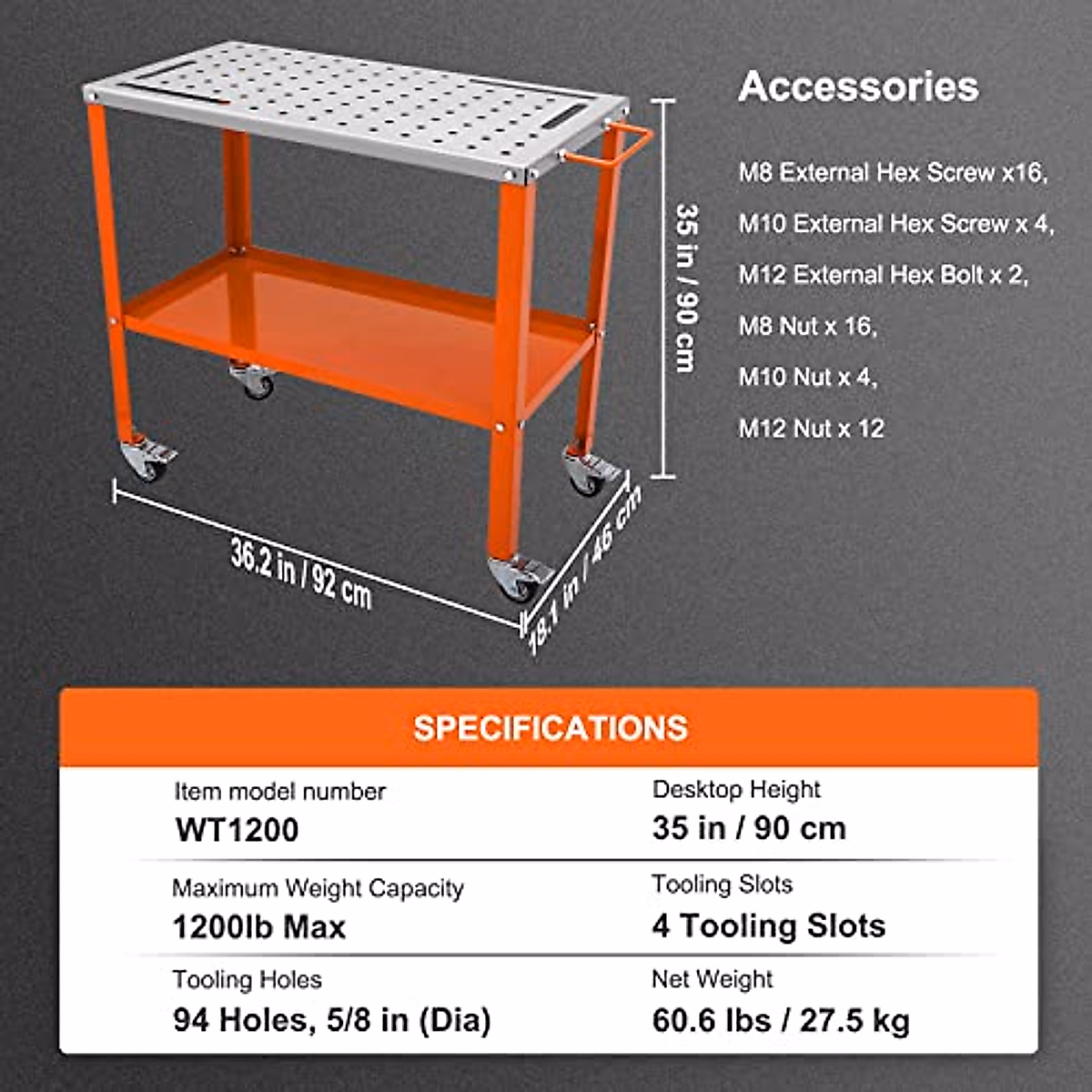 VEVOR Welding Table 36"x18", 1200lbs Load Capacity Steel Welding Workbench Table on Wheels, Portable Work Bench with Braking Lockable Casters, 4 Tool Slots, 5/8-inch Fixture Holes, Tool Tray