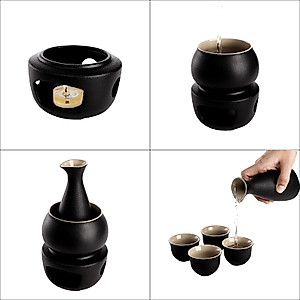 Tosnail 7 Pieces Ceramic Japanese Sake Set with Warmer, Hot Saki Set - Black