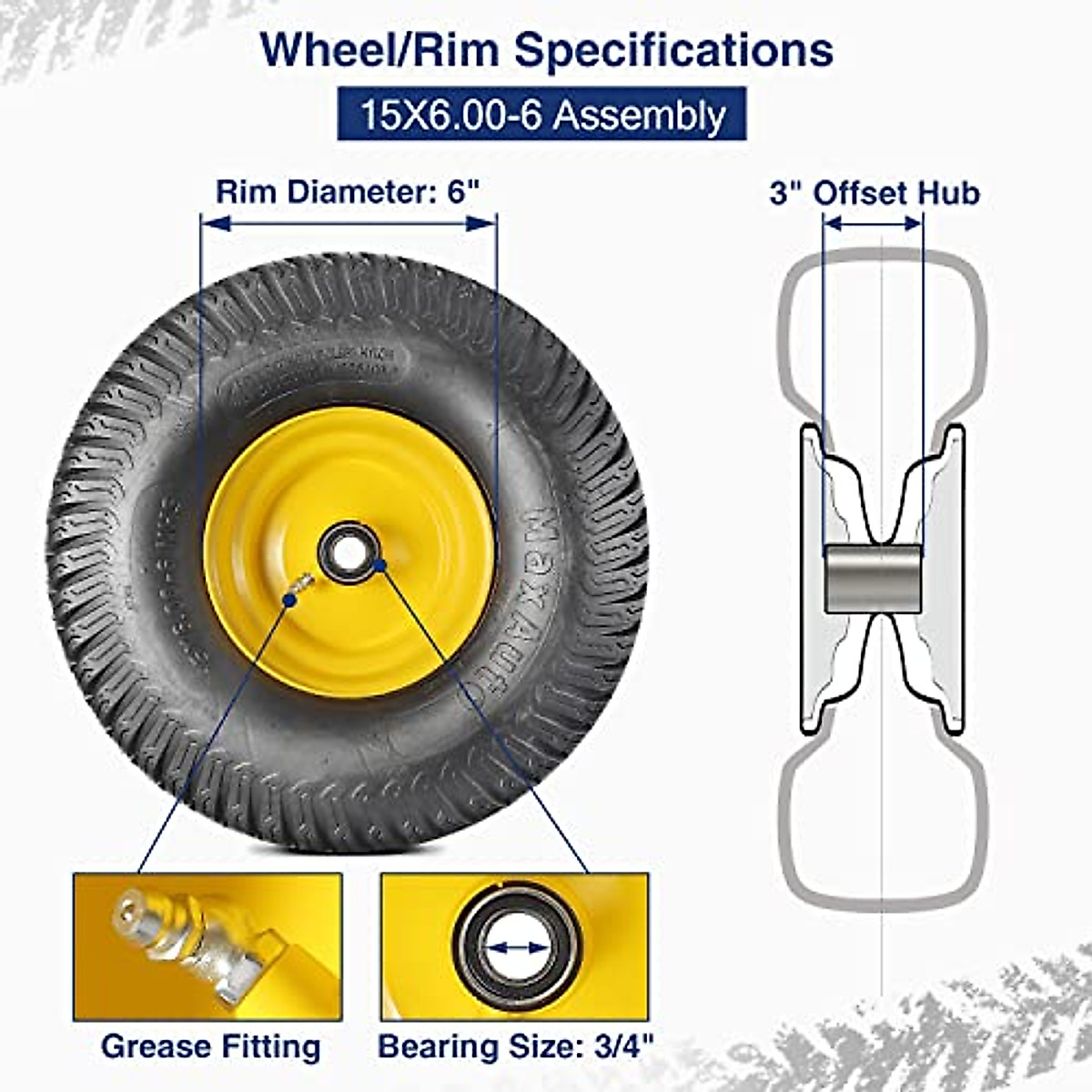 MaxAuto 2 Pcs Lawn Mower Tires 15x6.00-6 with Wheel for Riding Mowers, 3" Offset Hub Long with 3/4" bearings, Pneumatic Tire