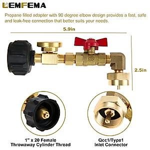 Lemfema QCC1 Propane Refill Elbow Adapter with Propane Tank Gauge, 90 Degrees Propane Refill Pressure Adapter with ON-Off Control Valve for Camping Grill 1LB Bottle Tank 20-40LBS Cylinder