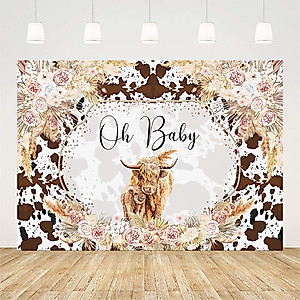 AIBIIN 7x5ft Highland Cow Baby Shower Backdrop Holy Cow Oh Baby Party Decorations for Boys Girls Pink Boho Floral Brown Highland Cattle Farm Photography Background Banner Photo Props
