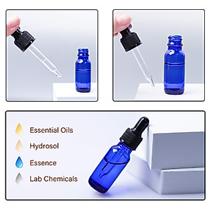HWASHIN 24 Pack 1/2 oz Cobalt Blue Glass Bottles with Glass Eye Droppers for Essential Oils, Perfumes & Lab Chemicals (Brush, Funnels, 2 Extra Droppers, 36 Pcs Labels & Measuring Cup Included)
