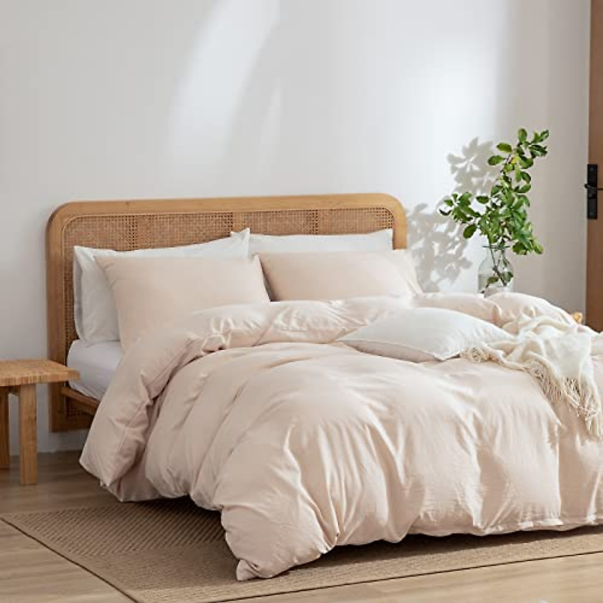 Beige Duvet Cover Queen, 100% Washed Microfiber 3 Pieces Solid Casual Beige Bedding Set for Men and Women, with Zipper Closure, Luxury Ultra Soft Relaxed Feel Natural Wrinkled Comfy (Beige, Queen)