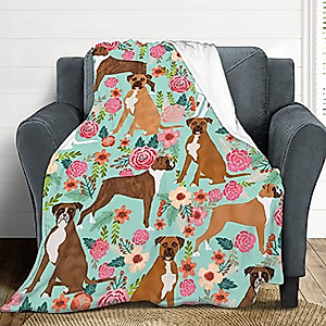 Boxer Dog Flowers Florals Blanket Soft Fleece Throw Blanket Cozy Fuzzy Warm Flannel Blankets for Women Men for Couch Bed Sofa All Season Gift