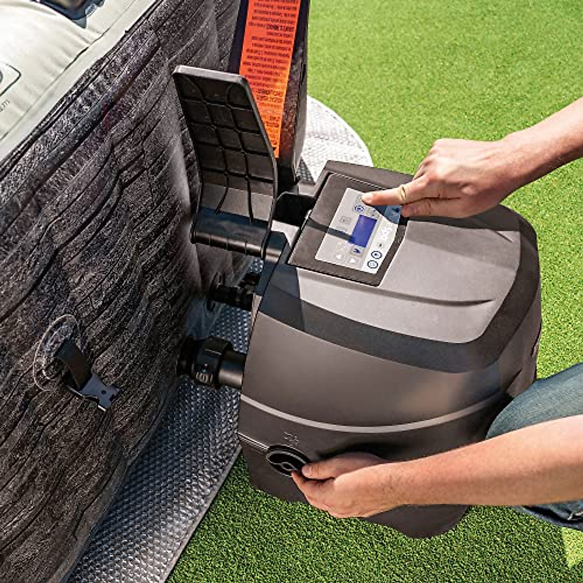 Intex 28451EP PureSpa Plus 6 Person Portable Inflatable Square Hot Tub Spa with 170 Bubble Jets and Built in Heater Pump, Greystone