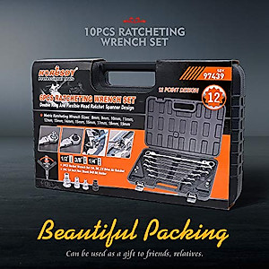 HORUSDY 10-Piece Extra Long Flex-Head Ratcheting Wrench Set - Chrome Vanadium Steel With Metric 8mm - 19mm,With 1/4",3/8",1/2" Socket Drive Adapter