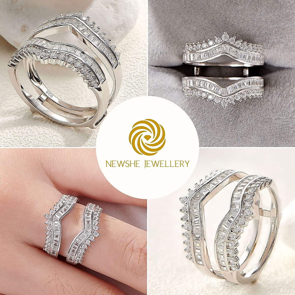 Newshe Cubic Zirconia Curved Bridal Ring Enhancer Guard for Women Engagement Rings White Gold 5A 925 Sterling Silver Size 7