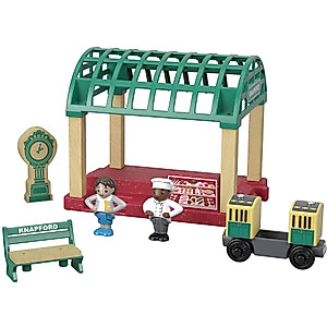 Thomas & Friends Wooden Toy Knapford Train Station Playset with Figures & Passenger Coach for Preschool Pretend Play Kids Ages 3+ Years