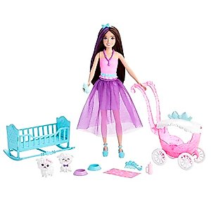 Barbie Skipper Doll and Accessories, Nurturing Playset, Brunette Doll with Fantasy Look, 2 Lambs, Stroller, Crib and Accessories