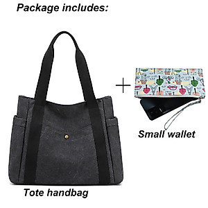 JIANLINST Women's Canvas Tote Handbags Multi-pocket Retro Casual Shoulder Bag Top Handle Satchel Tote Purse Black