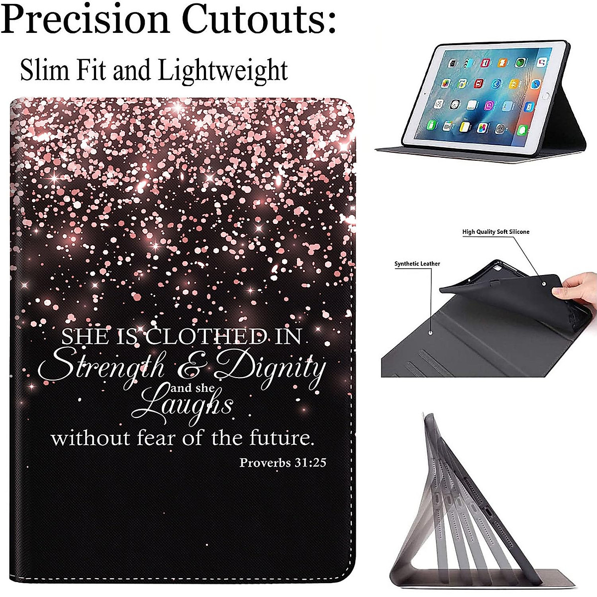 Case for iPad Pro 11 Inch 4th/3rd/2nd/1st Generation 2022/2021/2020/2018, Fit Also iPad Air 4/5 th 10.9 inch Adjustable Stand Auto Sleep/Wake, Proverbs 31:25 Bible Verse Rose Gold Glitter Black