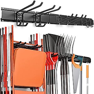 Sposuit 48inch Tool Storage Rack, 7 Hooks Tool Rack Wall Mount Storage System, Garage Organizer Wall Mount for Shovels, Rakes, Ladders, Ski Board, Garden Tools and More, 3 Tracks, Max Load 300lbs
