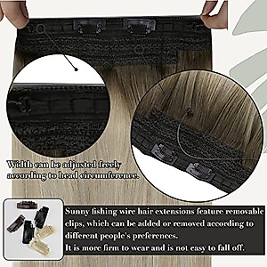 Sunny Invisible Wire Hair Extensions Balayage Light Ash Brown Faded to Blonde Highlights Platinum Blonde Invisible Line Hair Extensions Human Hair Ombre Hairpiece Extensions 80g 16inch