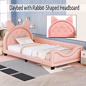 RIDFY Daybed with Headboard, Rabbit-Shaped Camas, Wood Twin Platform Bed Frame for Girls Boys, Cute Upholstered Sofa Bed, PU Leather, Space-Saving, No Box Spring Needed (Pink)