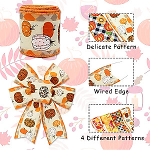 Fall Harvest Ribbon， 4 Rolls 26 Yards Thanksgiving Wired Edge Ribbons， Autumn Pumpkins Wired Edge Ribbon Fall Rustic Vintage Farm Truck Ribbon for Wreaths DIY Crafting Supplies 2.5 Inches