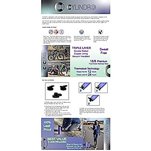 Cylindro Water Bottle, Triple-Layer Stainless Steel - 3 Lids, Vacuum Double Walled Copper Lined, BPA Free, w/ Silicone Boot, Hot & Cold - 22 Oz Veri Peri Purple