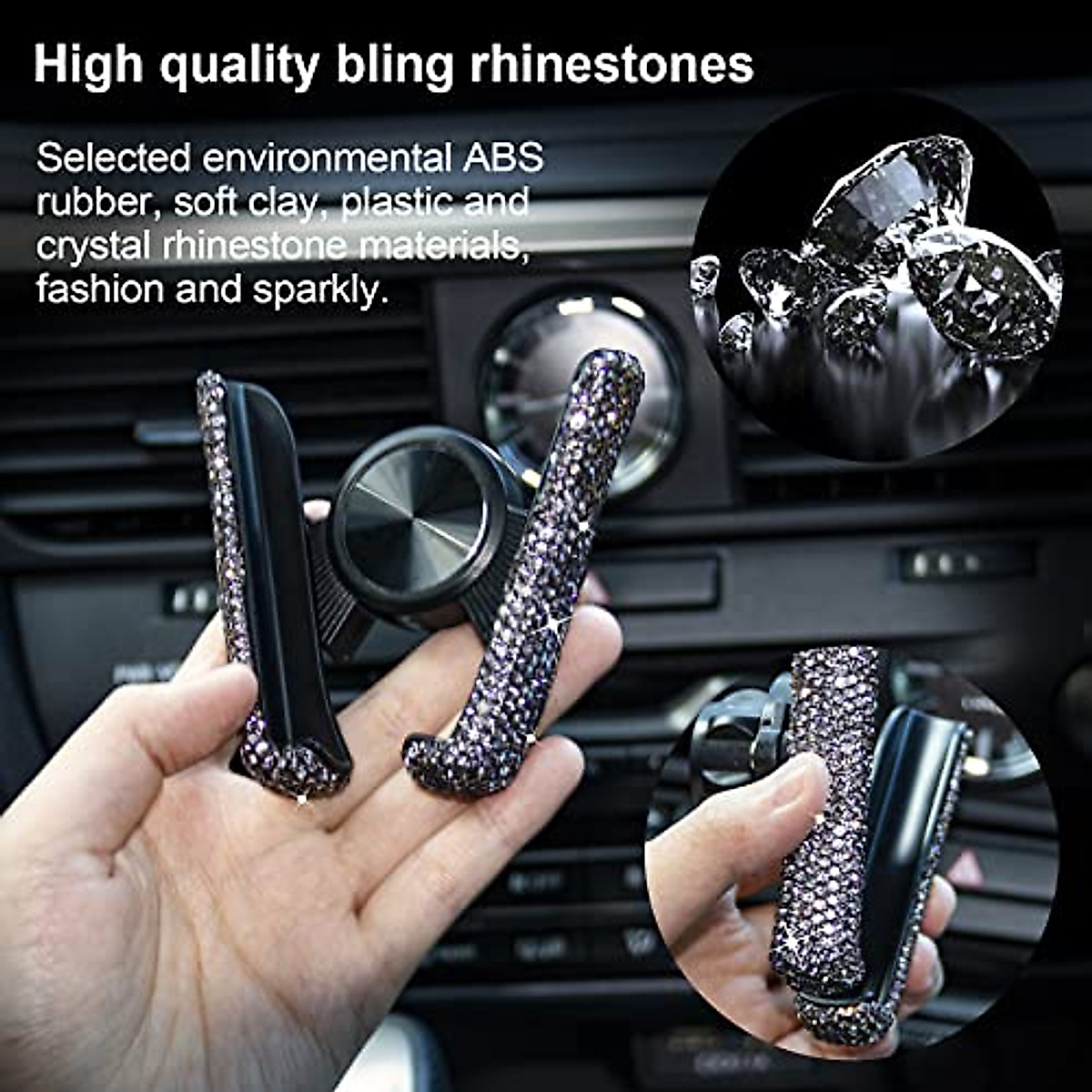 Amiss Bling Cell Phone Holder, Universal 360°Adjustable Car Phone Mount with One More Air Vent Base, Crystal Car Interior Decoration, for Dashboard and Air Vent - Grey