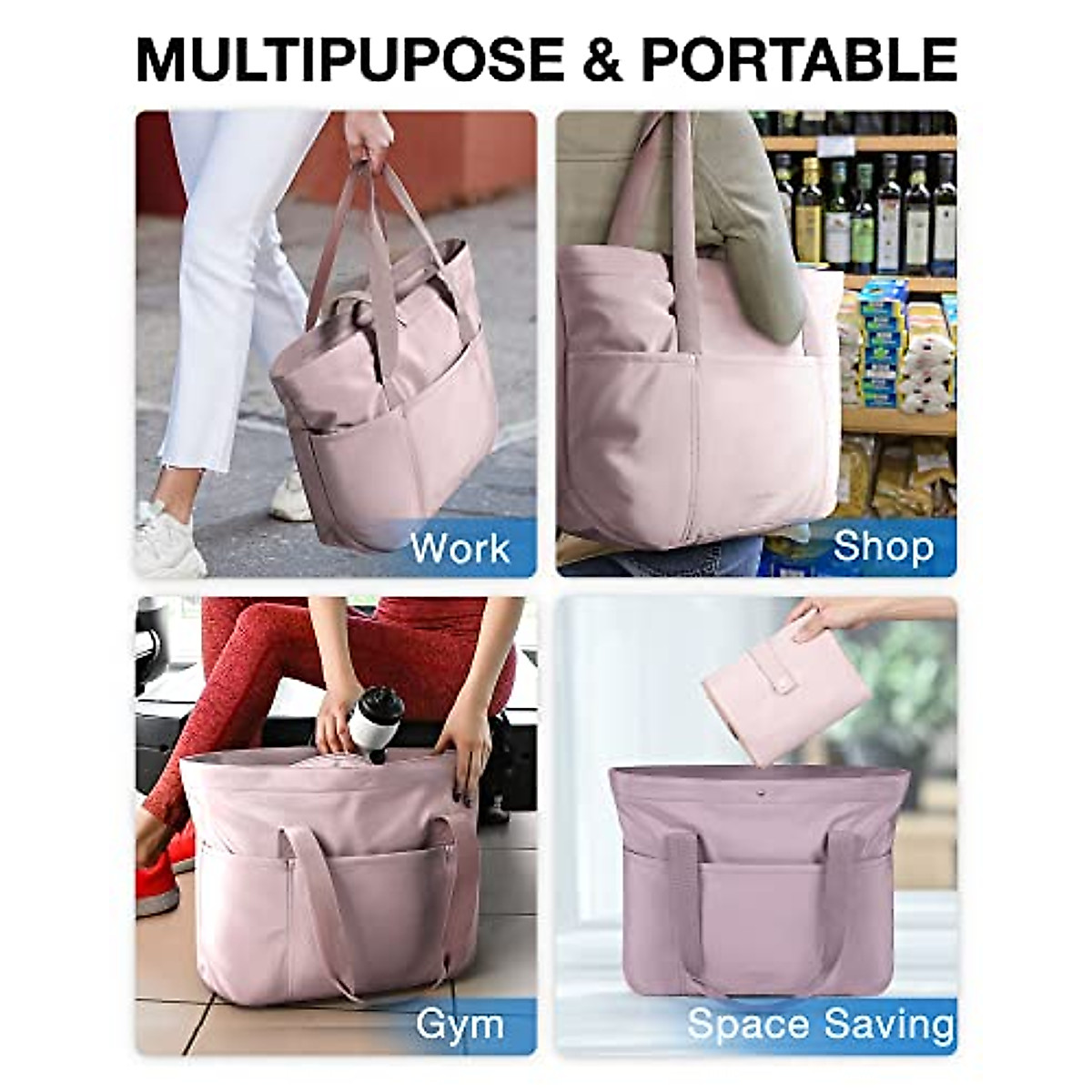 BAGSMART Tote Bag for Women, Foldable Tote Bag With Zipper Large Shoulder Bag Top Handle Handbag for Travel, Work (Pink)