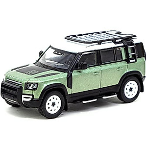 Land Rover Defender 110 with Roof Rack Light Green Metallic with White Top 1/64 Diecast Model Car by Tarmac Works