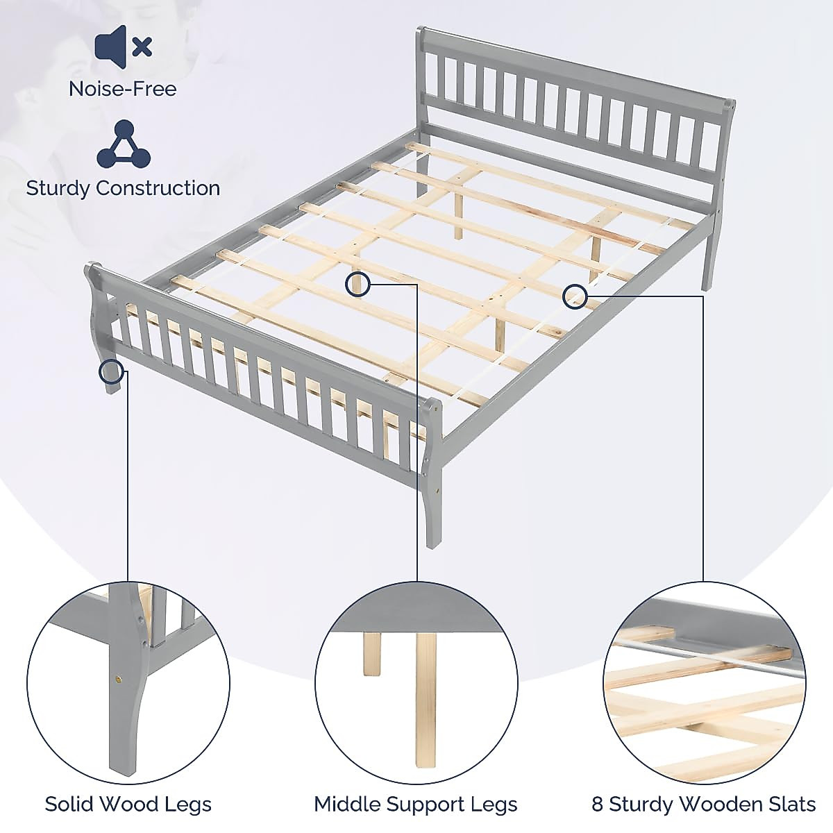 IULULU Queen Bed Frame, Solid Wood Platform Bed Frame with Headboard & Footboard, Queen Size Mattress Foundation with Wooden Slats Support, Easy Assembly, No Box Spring Needed, Light Grey