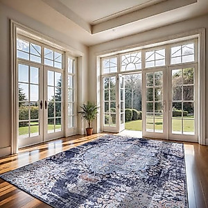 CAMILSON Printed Area Rugs with Ultra Thin Super Strong for Living Room Bedroom, Vintage Rug 8x10, Stain and Water Resistant, Traditional Bohemian Indoor Carpet (8 x 10, Blue)