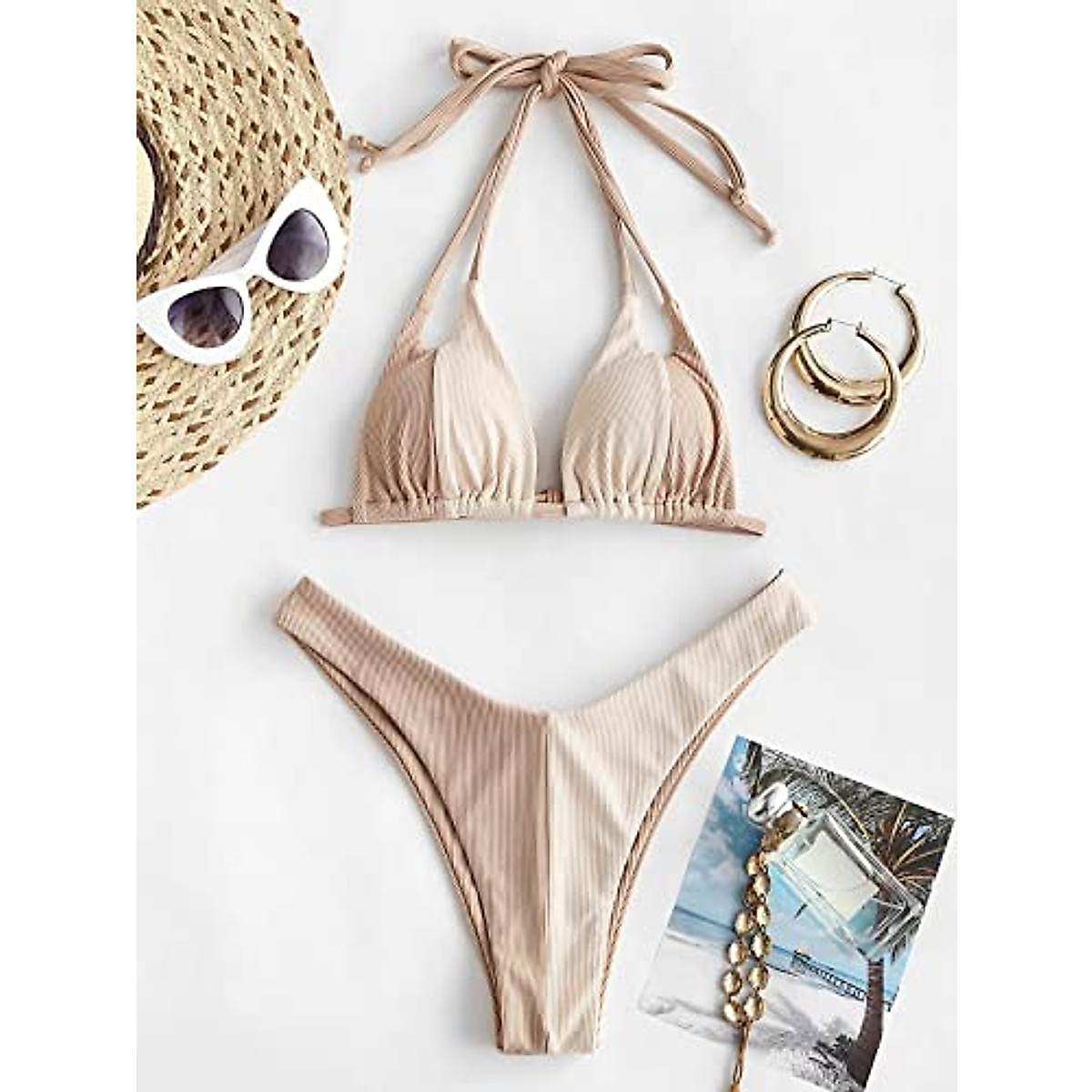ZAFUL Two Piece Ribbed Colorblock Triangle Bikini Set for Women Adjustable Dual Strap High Cut Bathing Suit Size 4