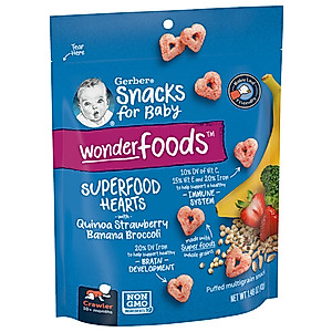 Gerber Snacks for Baby Wonder Foods SuperFood Hearts with Quinoa Strawberry Banana Broccoli, Puffed Multigrain Snack, Non-GMO Ingredients, Resealable Pouch 1.48 Ounce(Pack of 2)