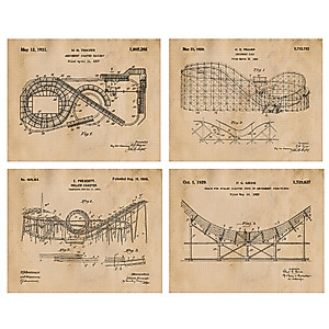 Vintage Roller Coaster Patent Prints, 4 (8x10) Unframed Photos, Wall Art Decor Gifts Under 20 for Home Office Garage Man Cave Shop Student Teacher Coach Amusement Theme Park Rides Thrill Seeker Fans