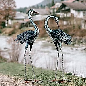 Kicust Garden Crane Statue for Outdoor, Blue Heron Decoy Garden Sculptures and Statues, Metal Bird Yard Art for Lawn Patio Decor, Set of 2