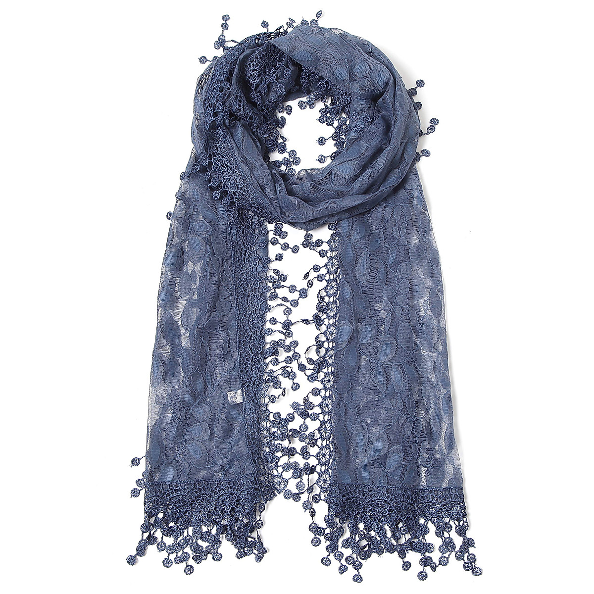 Cindy and Wendy Lightweight Soft Leaf Lace Fringes Scarf shawl for Women (Navy)