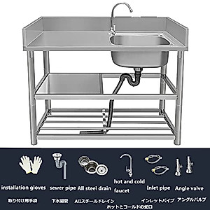 Kitchen Sinks, Single Bowl Kitchen Sinks Stainless Steel Single Bowl Sink, Workstation Farmhouse Sink, Utility Sink with Drainboard, with Cold Hot Faucet, for Garden Bar Laundry FA