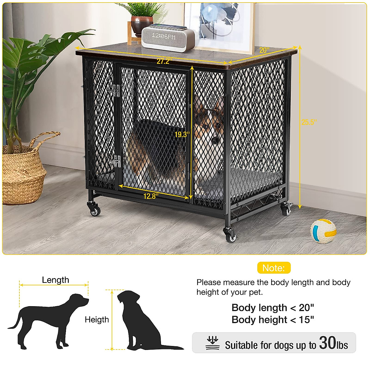 Aivituvin Dog Crate Furniture Movable Side End Table Indoor Dog Kennel for Small Medium Large Dogs Double-Doors Wooden Dog House with Cushion, Tray, Wire Floor(27.2")