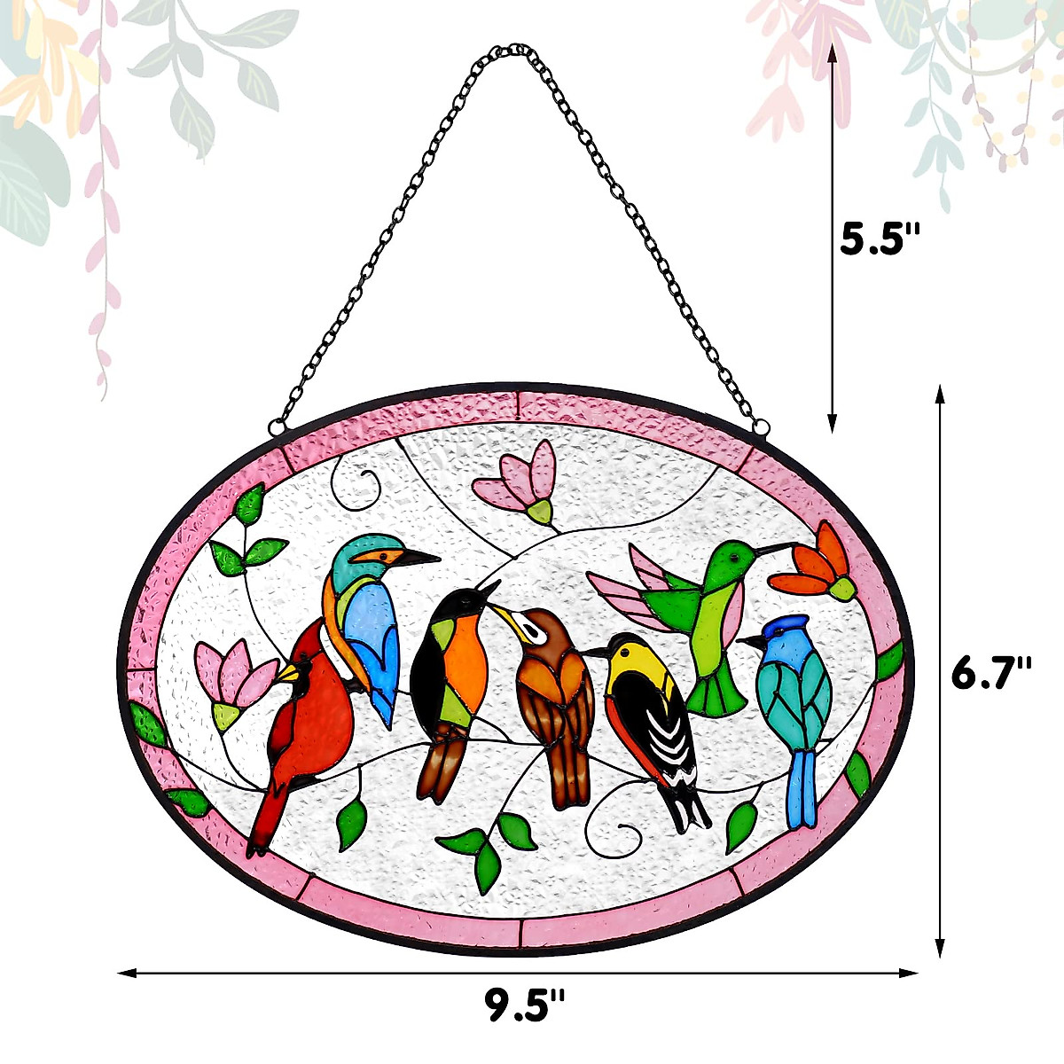 Huray Rayho Birds On A Branch Stained Glass Ornament, 9.5''x6.7'' Cardinal Hummingbird Suncatcher Hand-Painted Double Side Glass Panel Window Hanging Decor Bird Lover Gift for Mom, Grandma, Teacher