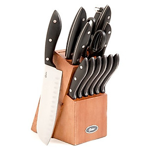 Oster Huxford 14 Piece Stainless Steel Cutlery Mahogany Wood Block Set, Black