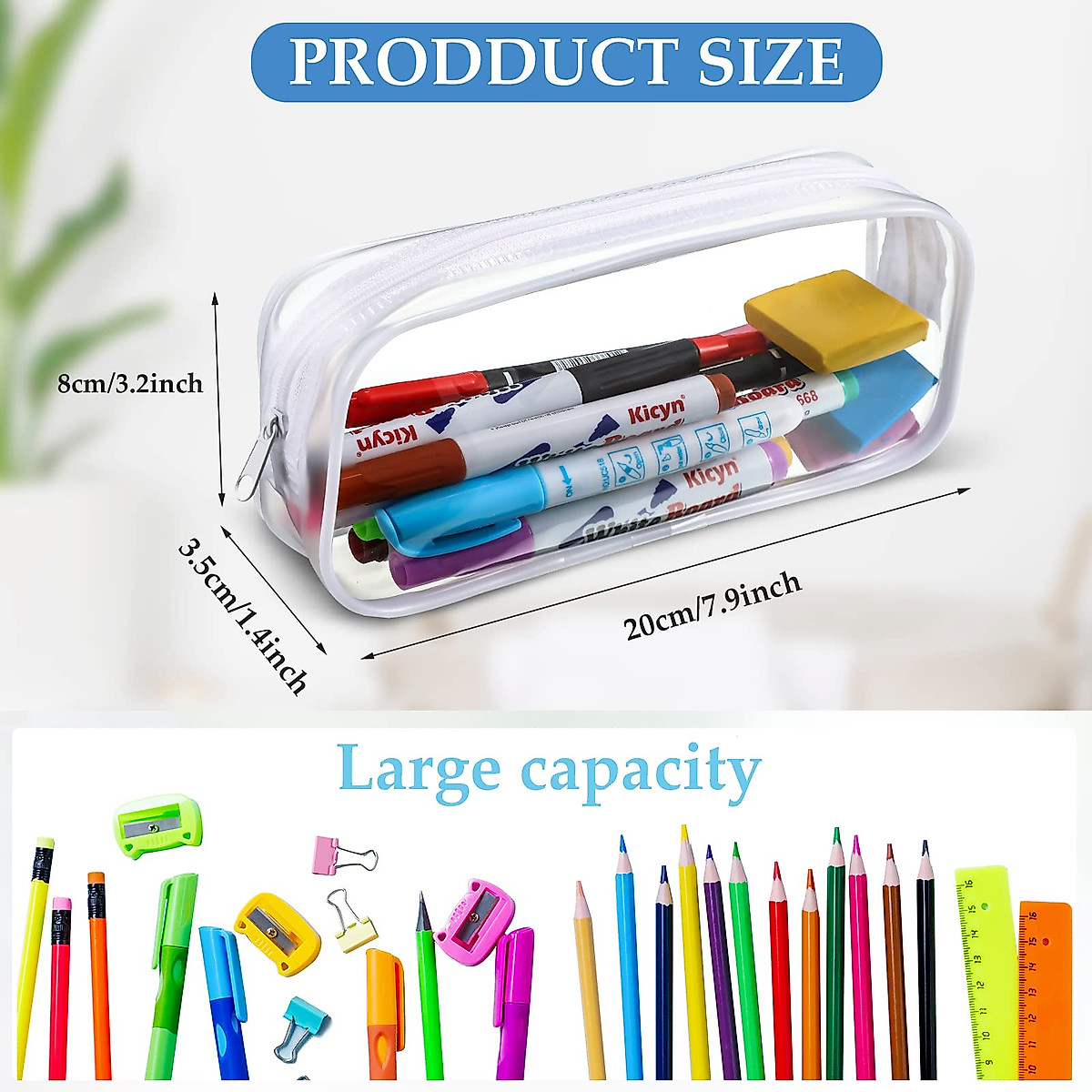 Cindeer 12 Pcs Clear PVC Pencil Bags with Zipper Pencil Pouch Clear Pencil Box Travel Toiletries Bag Makeup Bags Large Capacity Pencil Bag for Office Stationery Travel Storage (White)