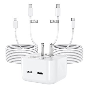 [Apple MFi Certified] iPhone Fast Charger,35W Dual USB-C Port Foldable Power Adapter Rapid Wall Charger Block with 2Pack 10FT USB-C to Lightning Charging Cable for iPhone14/13/12/11/XR/X/iPad AirPods